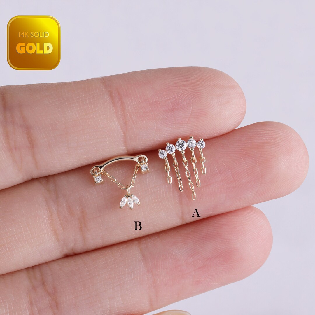 14k Solid Gold Dangle Chain Helix Stud Earring Dangle Marquise Cartilage Earring Tragus Stud ...