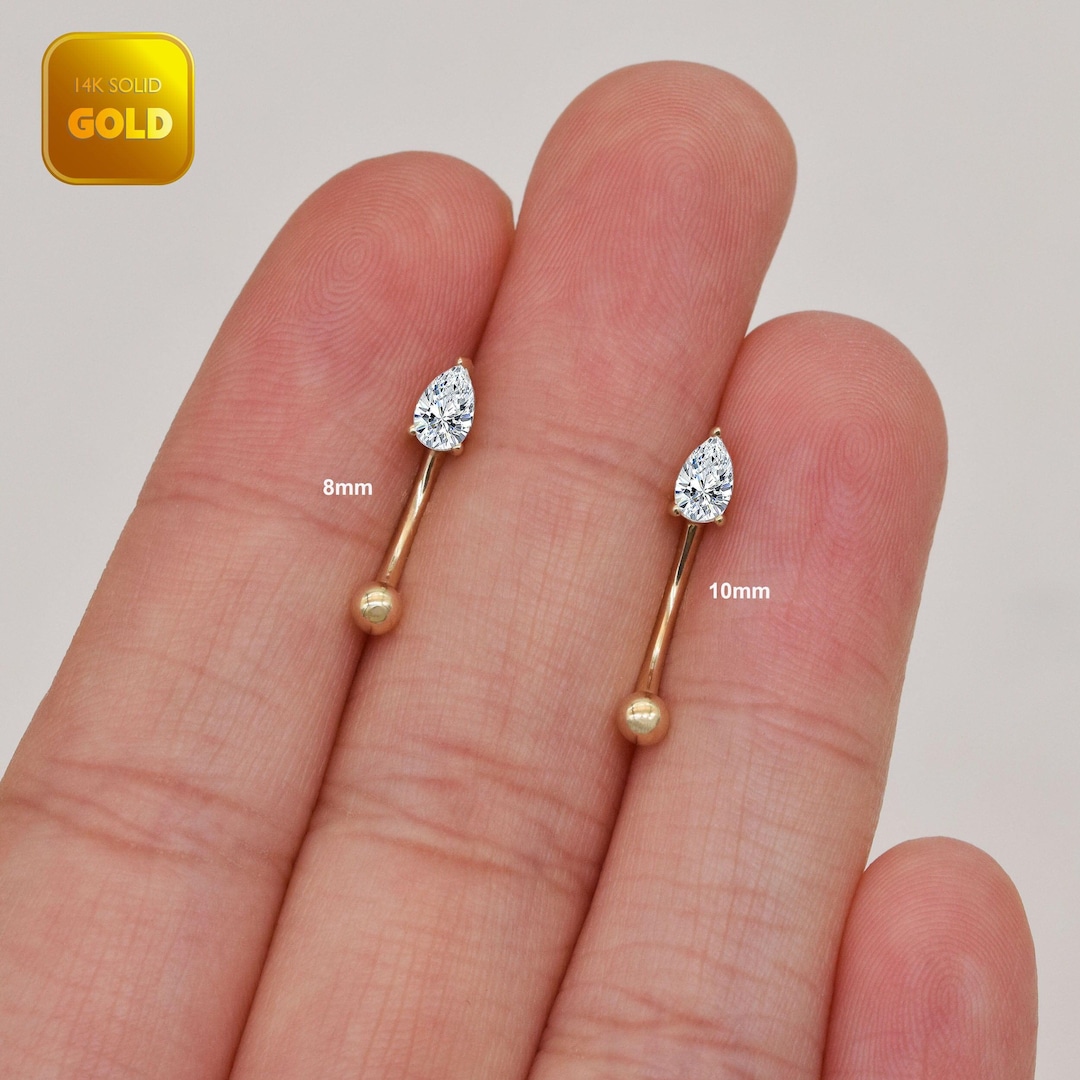 14k Solid Gold Teardrop Rook Piercing Curved Barbell Gold Navel Ring ...