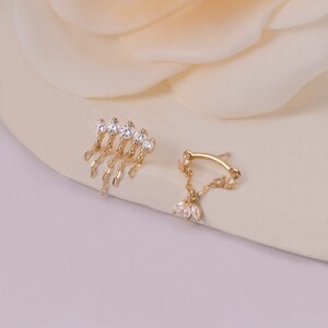 14k Solid Gold Dangle Chain Helix Stud Earring Dangle Marquise ...
