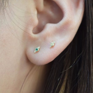 14k Solid Gold Three Bead Stud Earring Dainty Cartilage Piercing Helix ...