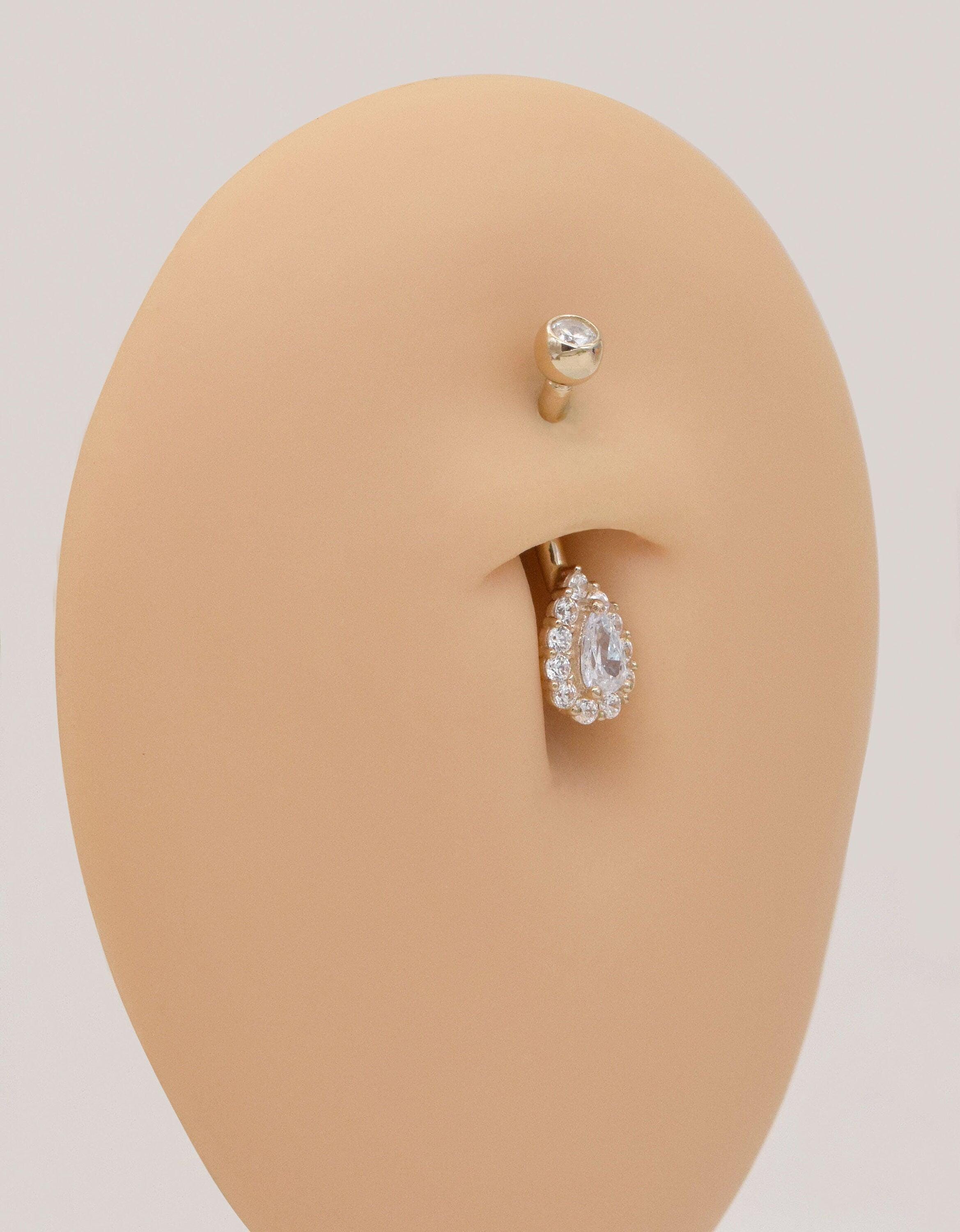 14k Solid Gold Belly Button Ring Teardrop Navel Piercing Curved Barbell ...