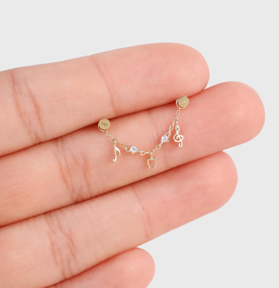 14k Solid Gold Dangle Musical Notes Chain Attachment Gold Chain ...
