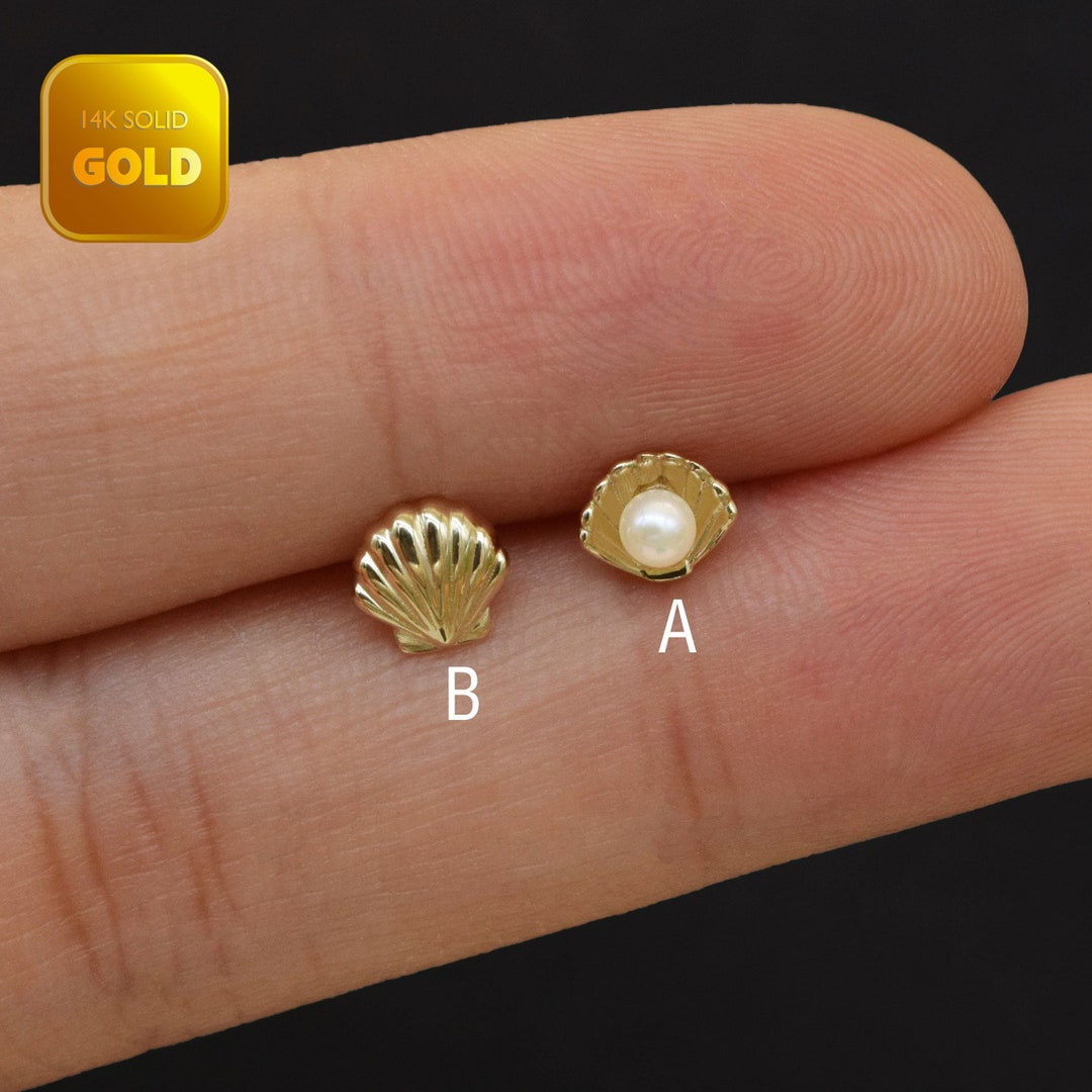 14K Solid Gold Shell Stud Earrings Pearl Cartilage Stud Earring Conch ...