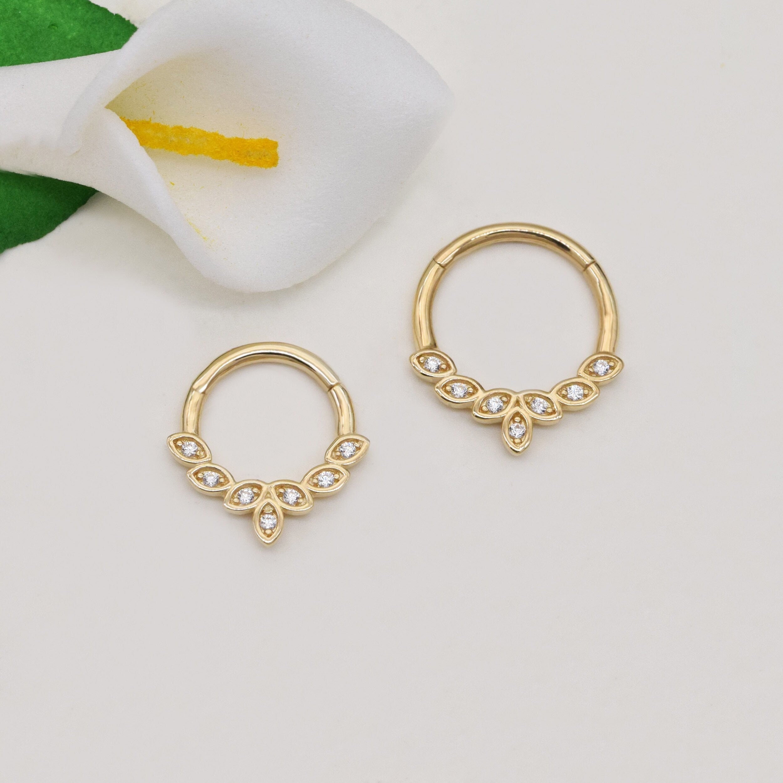 14k Solid Gold Leaf Daith Clicker Marquise CZ Hinged Hoop Gold Septum ...