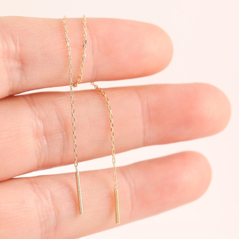14K Solid Gold Bar & Chain Threader Earring Thread Through Earring ...
