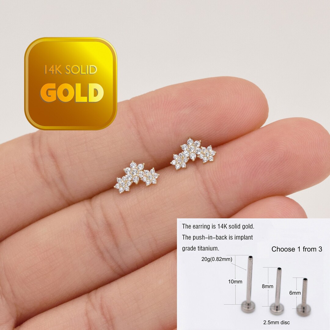 14k Solid Gold Three Flowers Cartilage Piercing Dainty Flower Flat Back ...