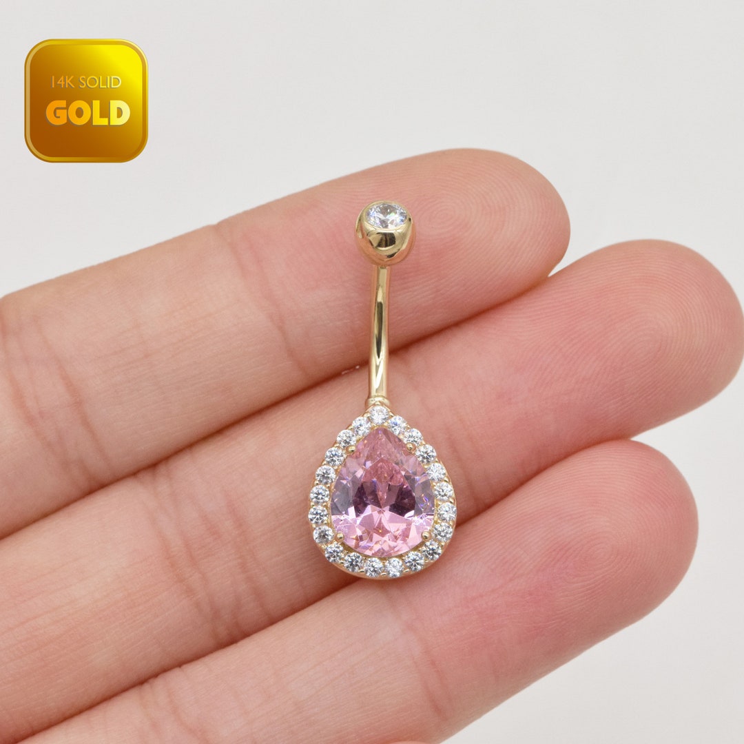14K Solid Gold Pink Teardrop Belly Button Ring Pear Shaped Navel ...
