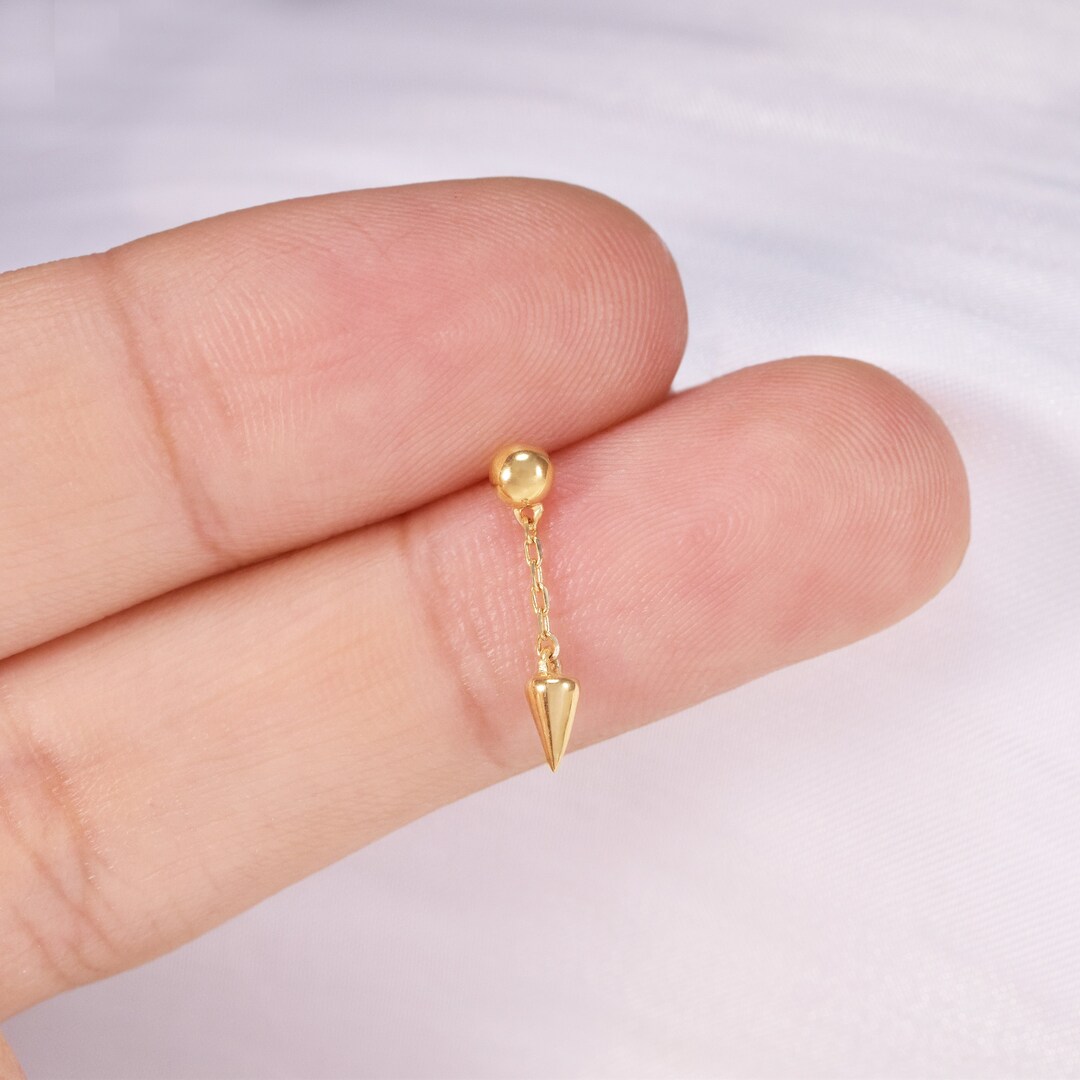 14k Solid Gold Cone Dangle Ball Cartilage Earring Helix Ball Cone Stud ...