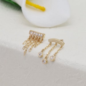 14k Solid Gold Bar Drape Chain Earring Cartilage Chain Piercing Helix ...