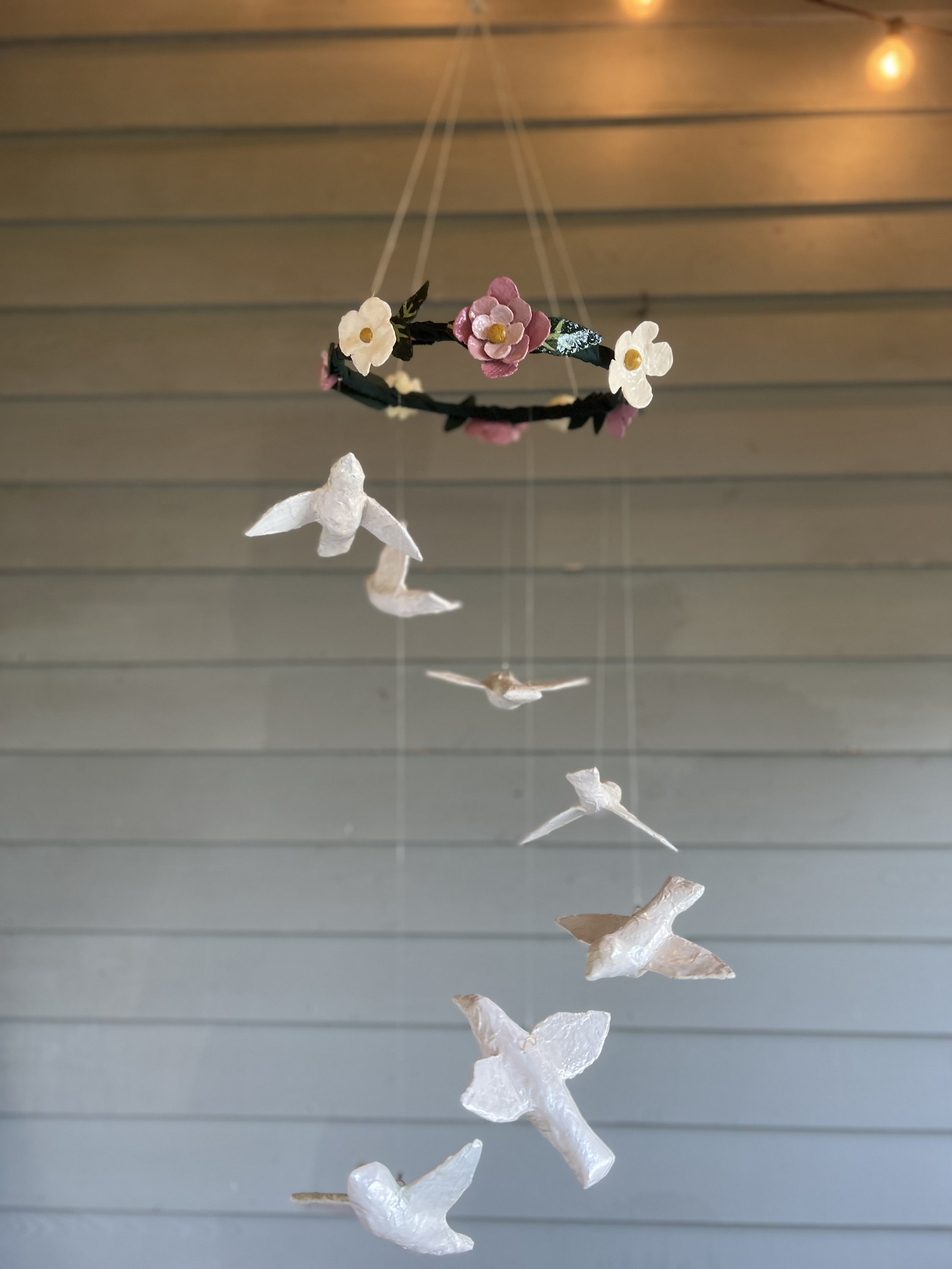 White Birds and Flower Round Hanging Mobile, Boho Baby Mobile for ...