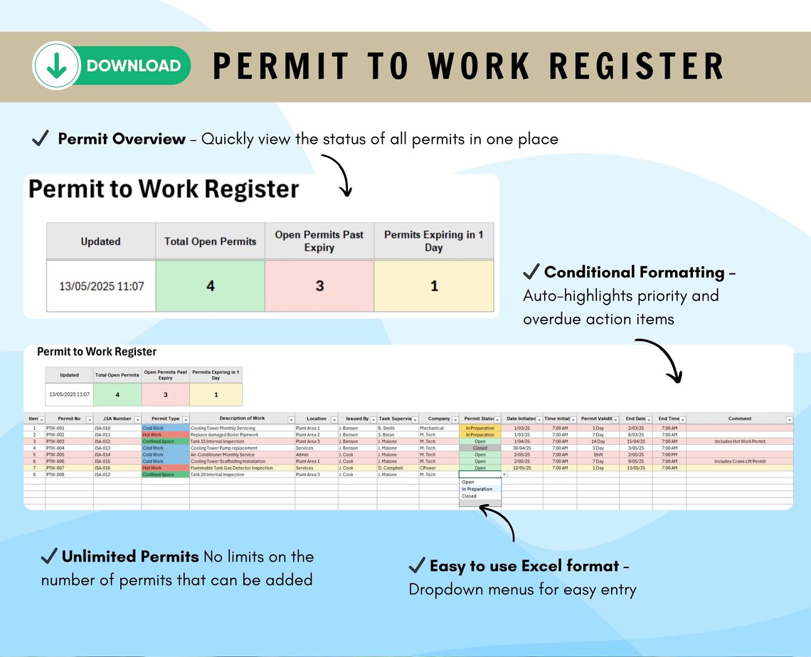 Permit to Work Register: Excel Safety Tracker (digital Download) - Etsy
