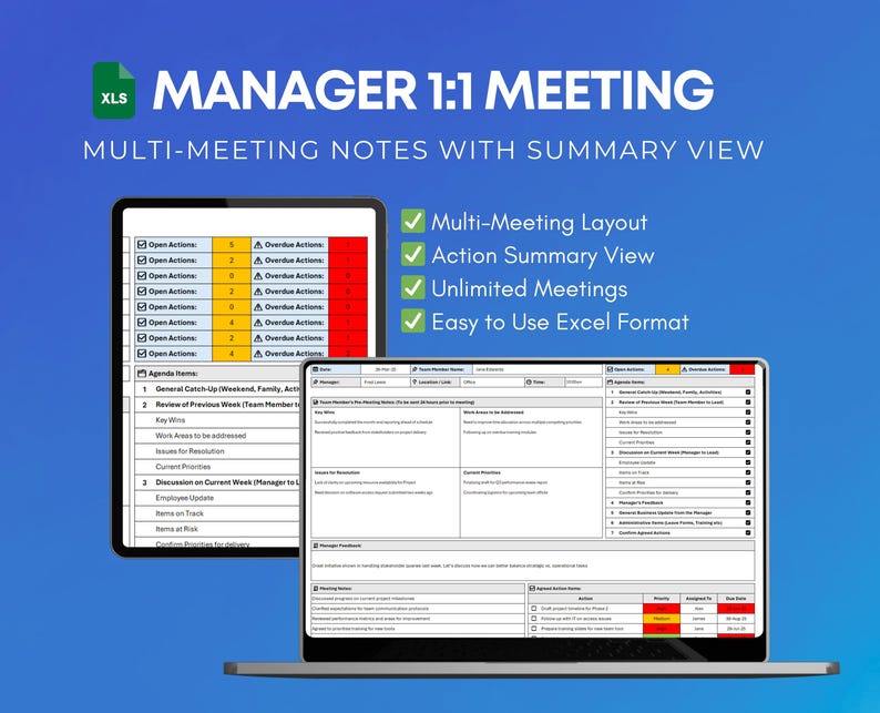 Multi-meeting 1:1 Manager Template | Excel Format | Track Goals, Notes ...