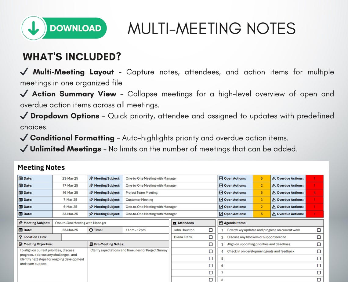 Meeting Agenda & Notes Template | Excel Template | Multi Meeting Action ...