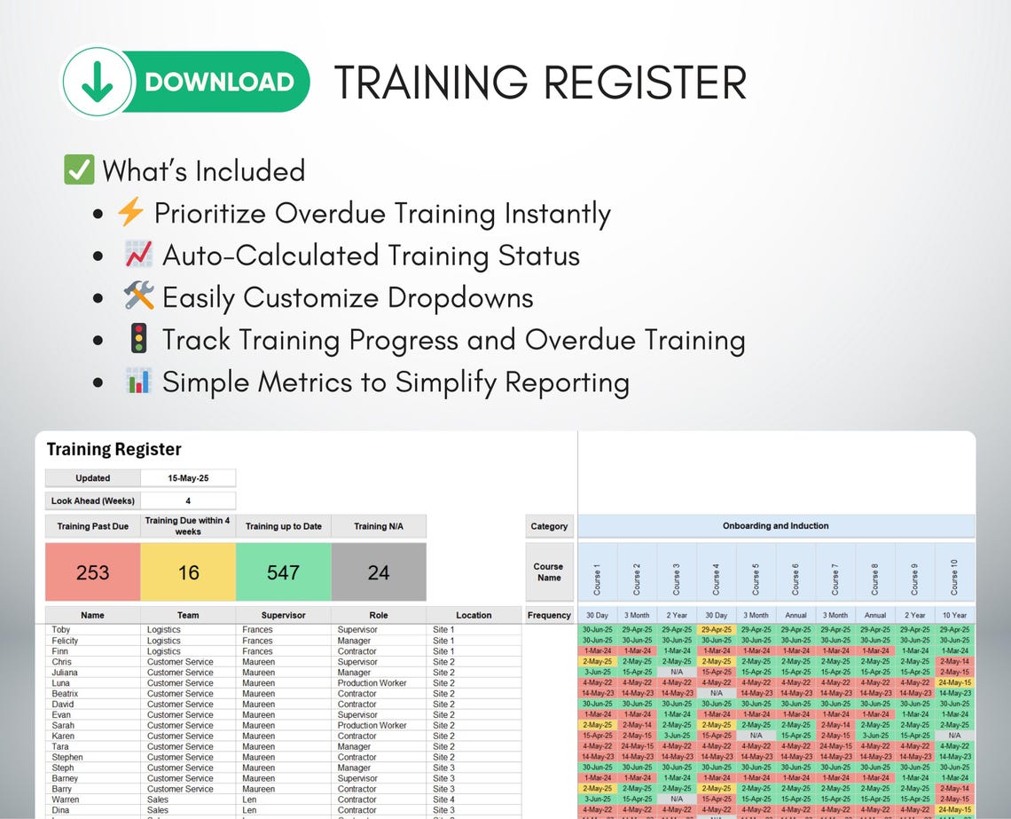 Training Register Excel Template | Employee Training Tracker | Staff ...