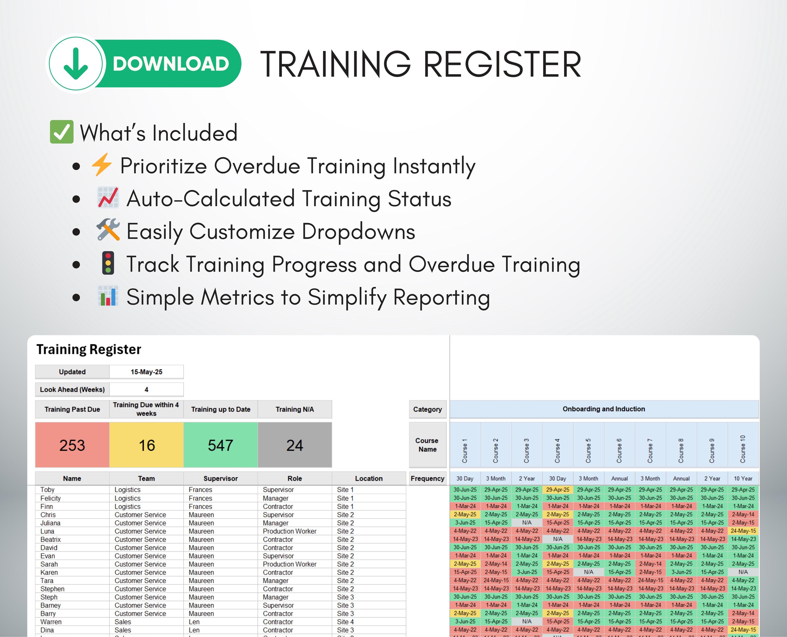 Employee Training Register Template | Excel Training Tracker | Training ...