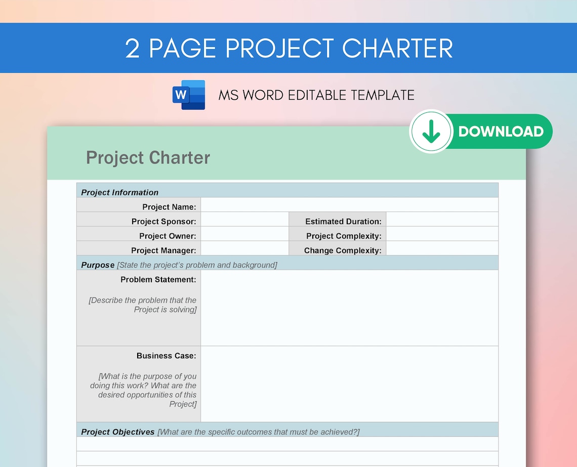 Project Charter Template: Project Management Document (digital Download ...