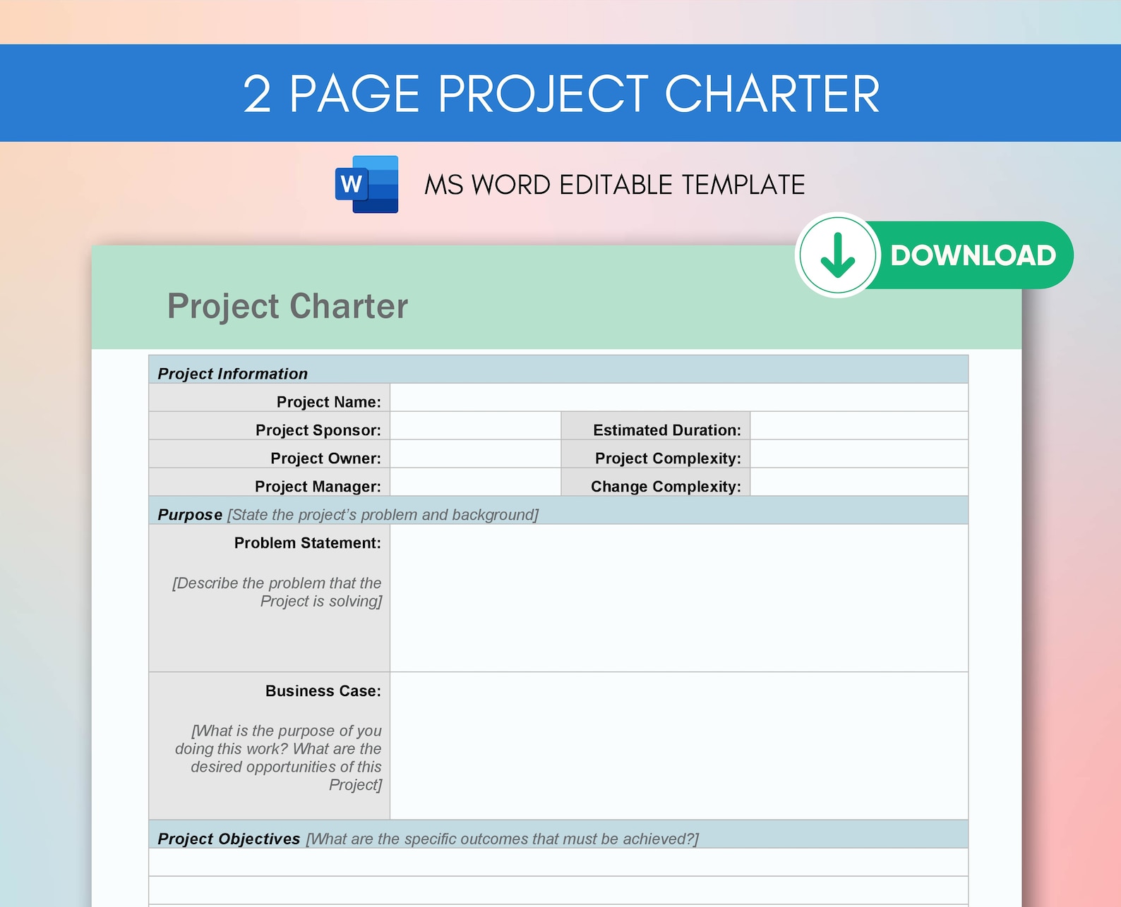Project Charter Template: Project Management Document (digital Download ...