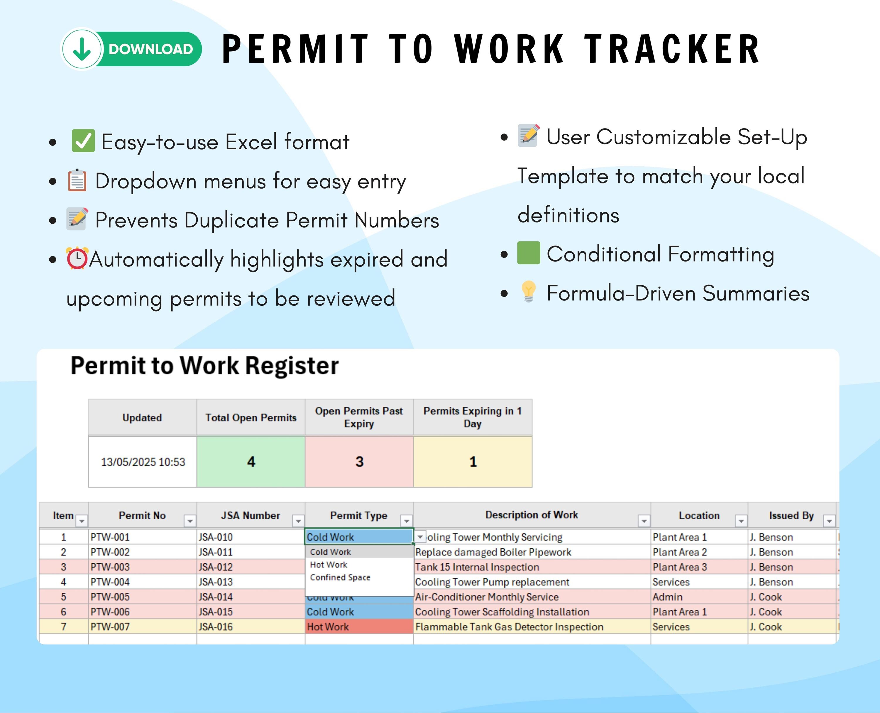 Permit to Work Register: Excel Safety Tracker (digital Download) - Etsy