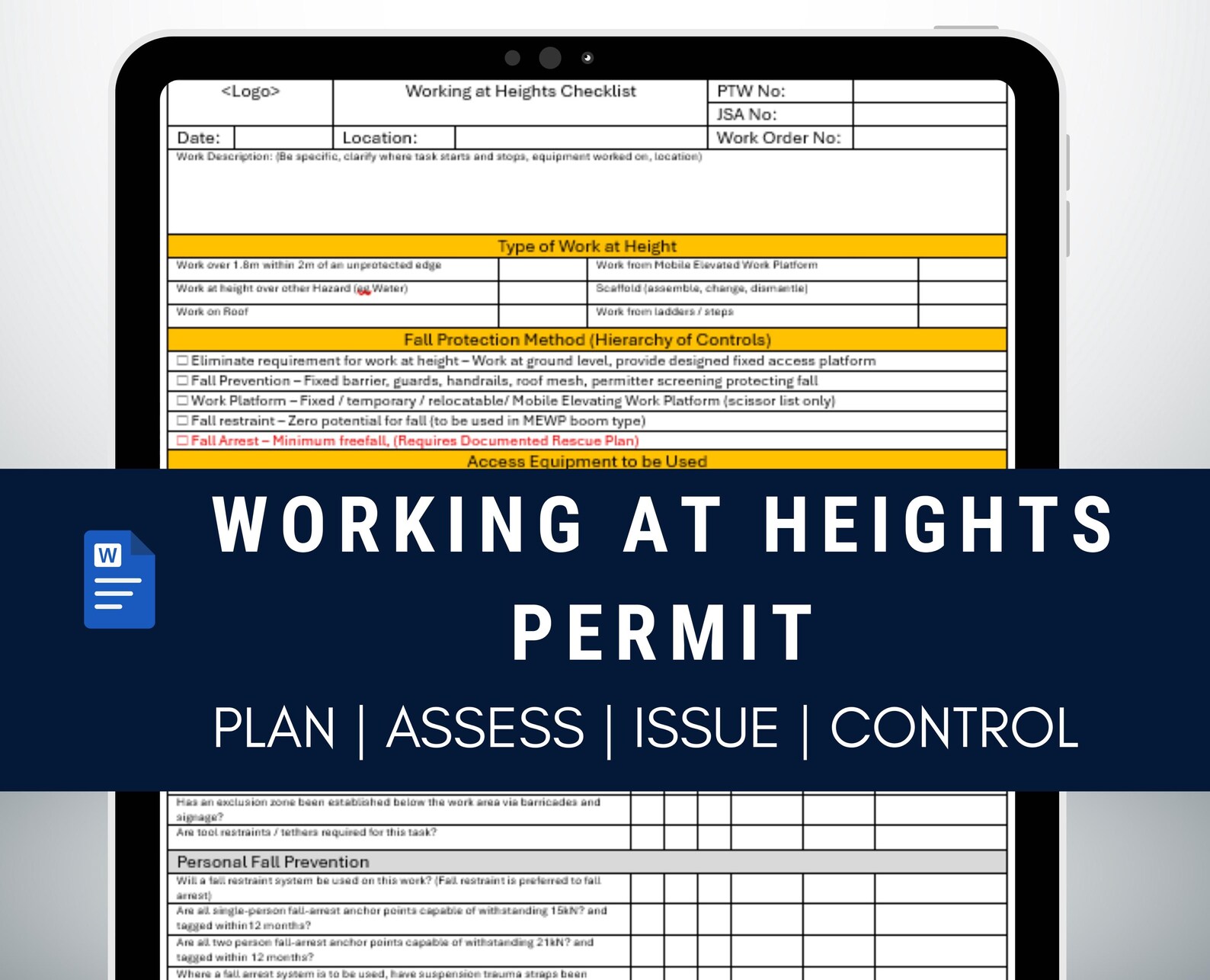 Working at Heights Permit Template | Operations Safety Permit | Height ...