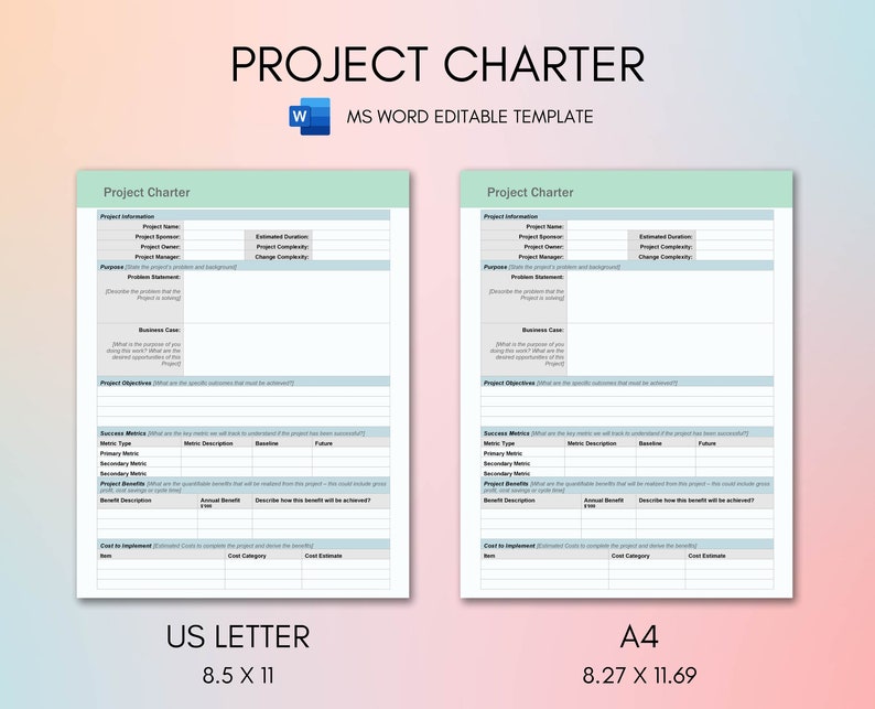 Project Charter Template: Project Management Document (digital Download ...