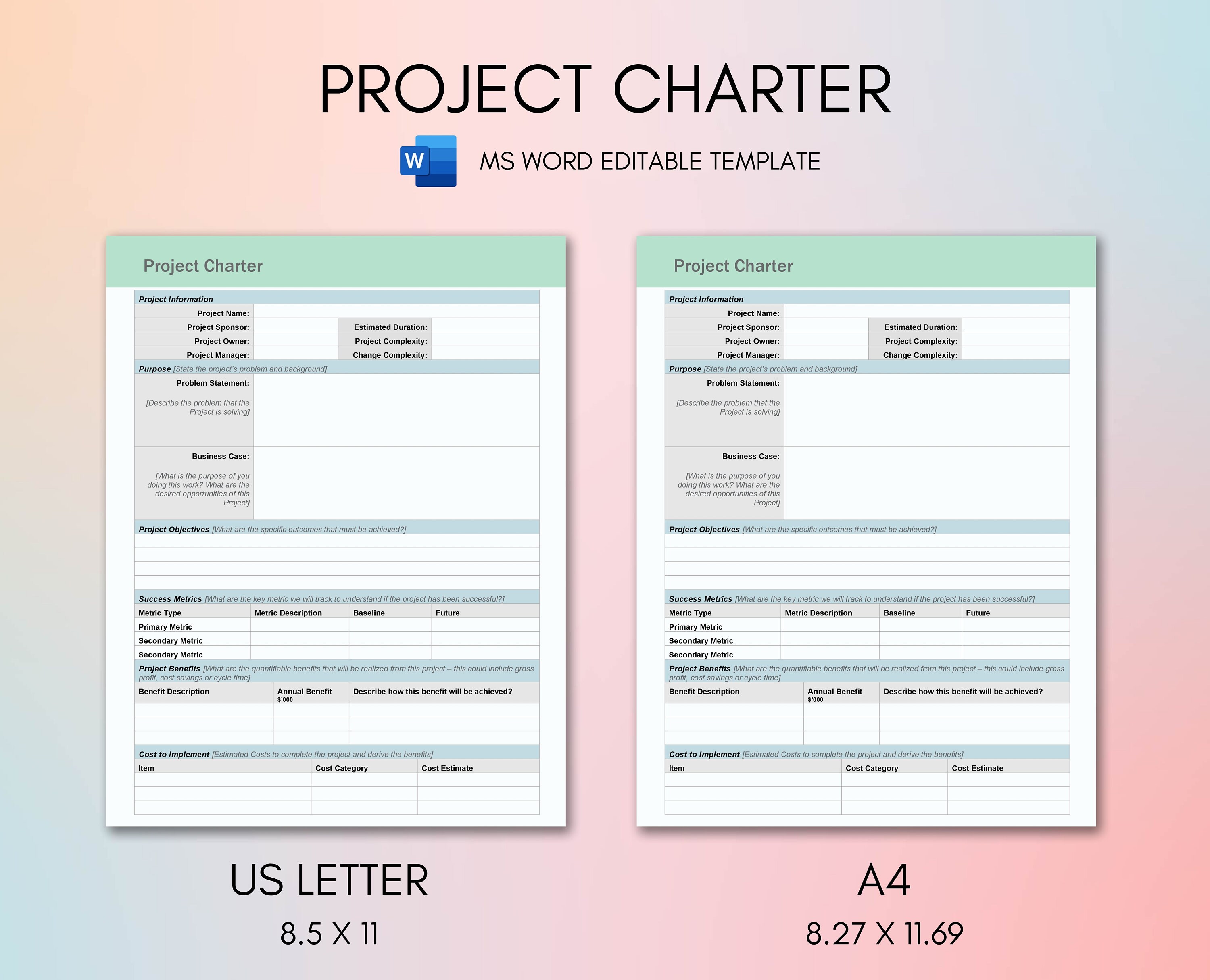 Project Charter Template: Project Management Document (digital Download ...