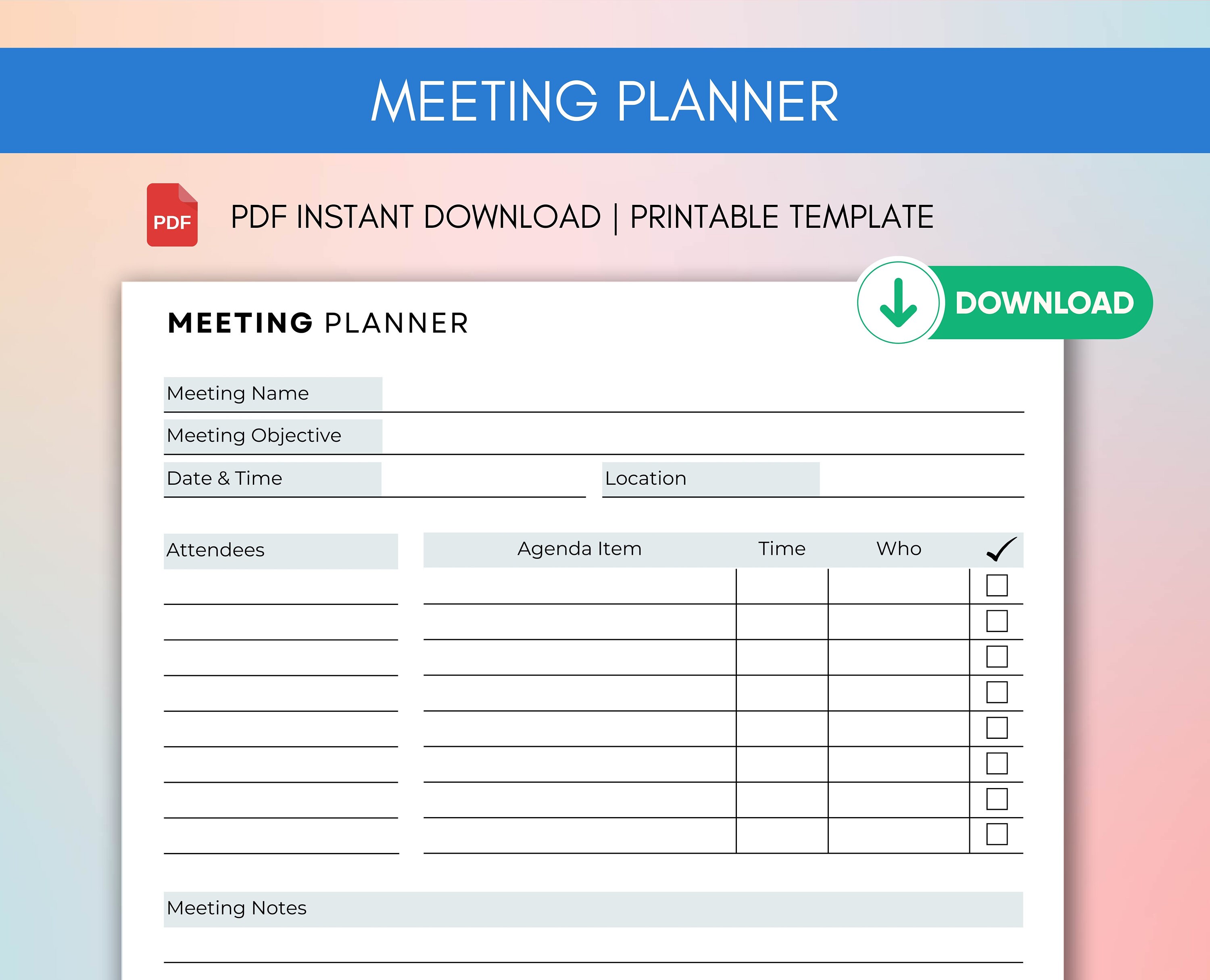 Meeting Planner Template: Agenda & Minutes (PDF Download) - Etsy