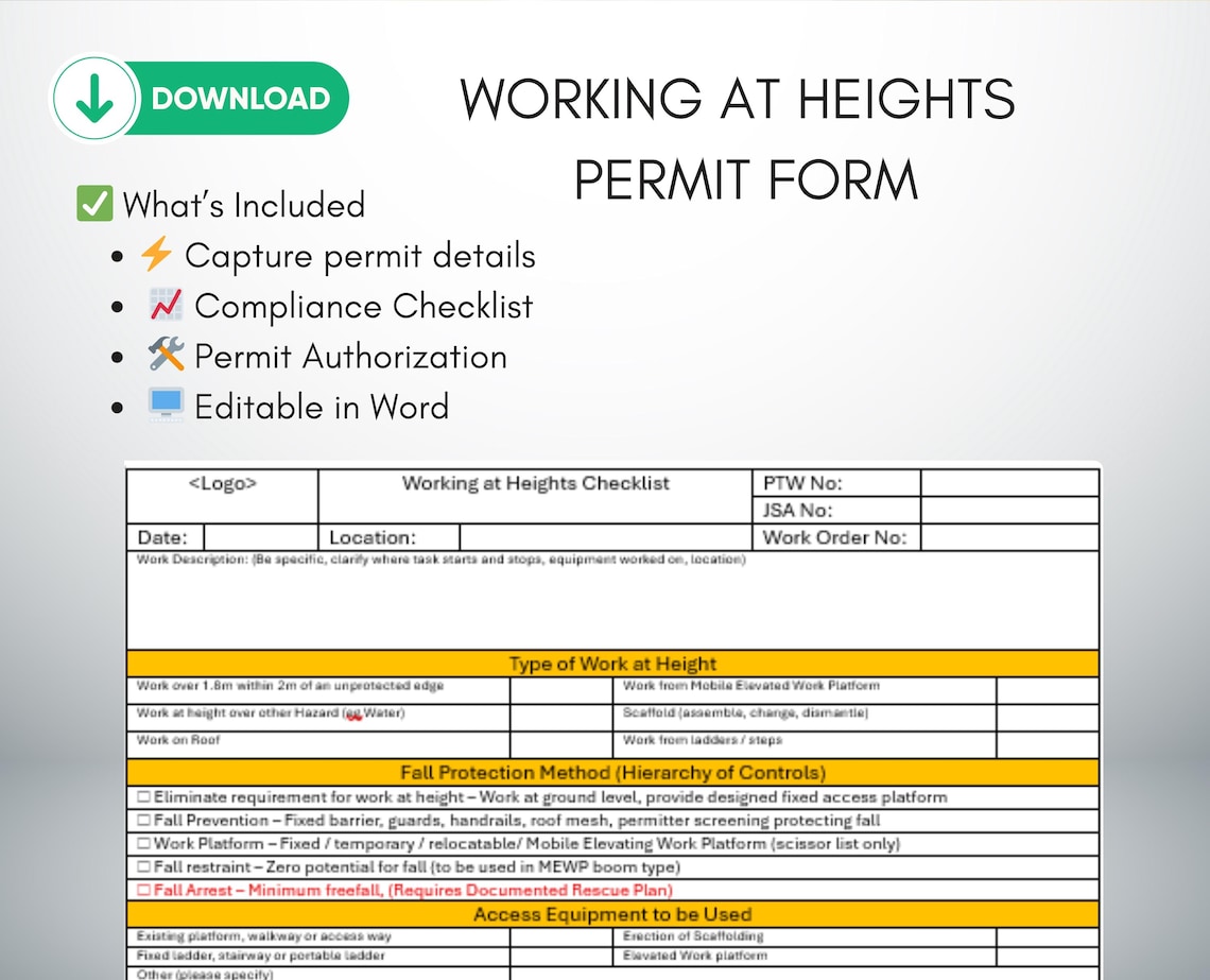 Working at Heights Permit Template | Operations Safety Permit | Height ...