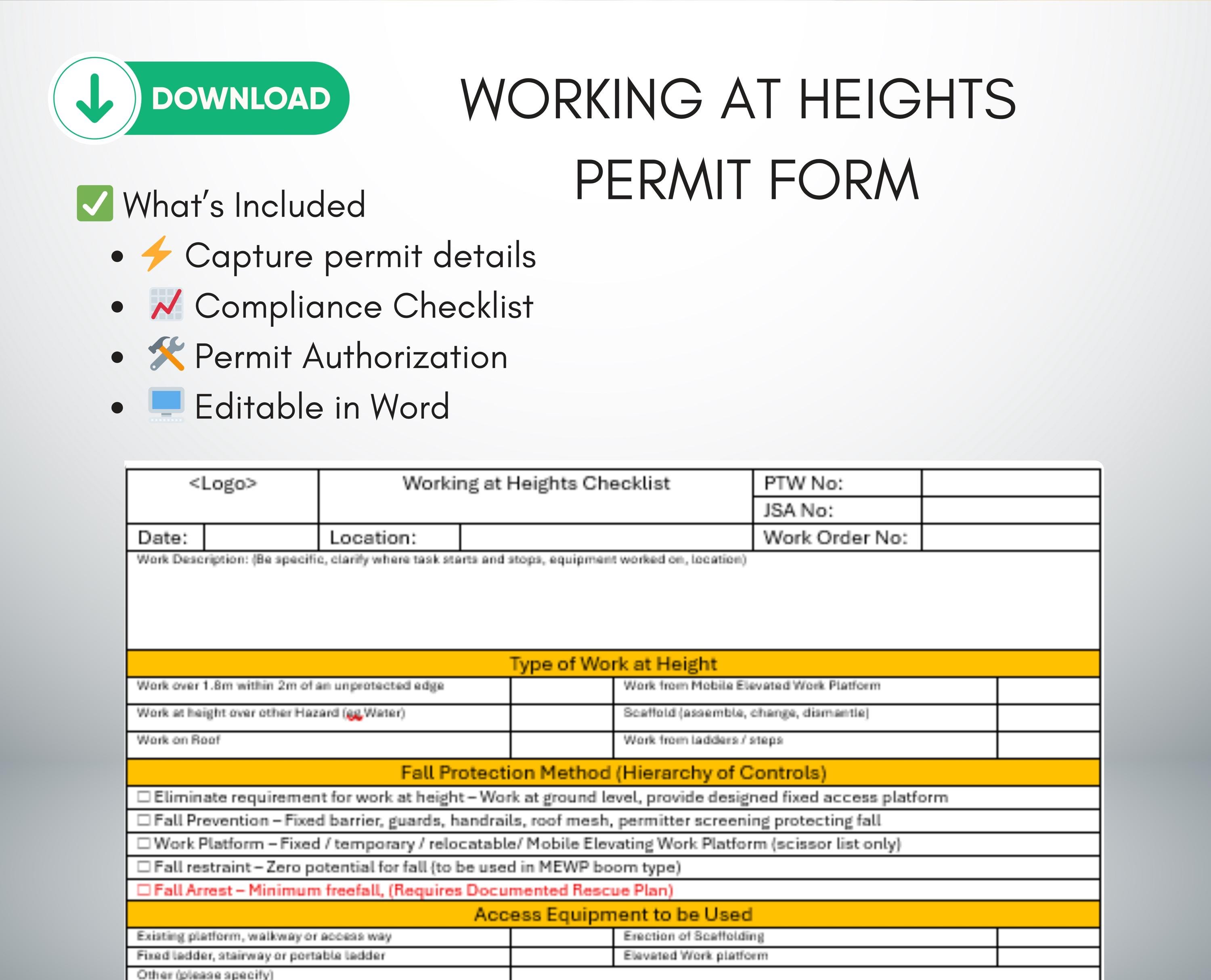 Working at Heights Permit Template | Operations Safety Permit | Height ...