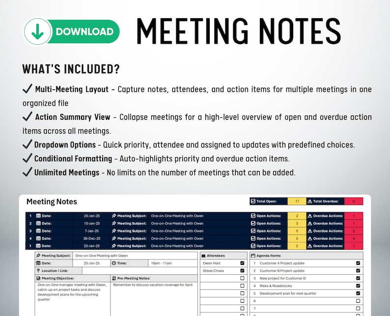 Meeting Agenda & Notes Template | Excel Template | Multi Meeting Action ...