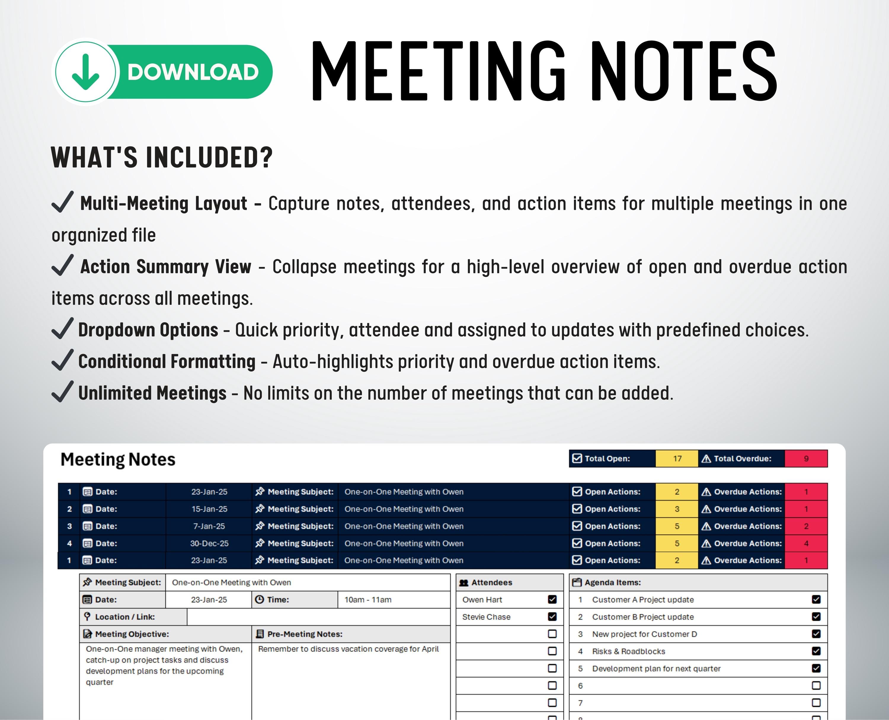 Meeting Agenda & Notes Template | Excel Template | Multi Meeting Action ...