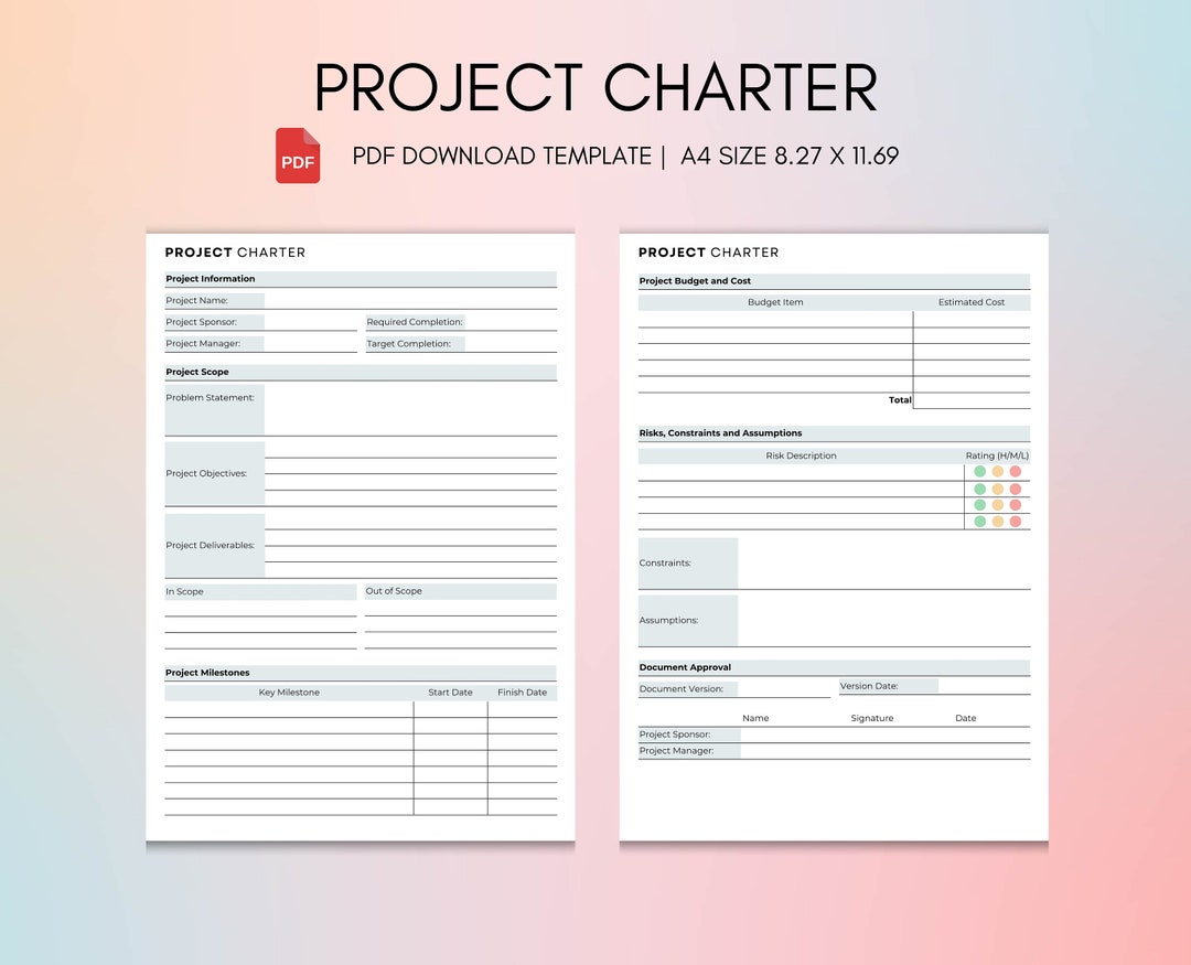 Project Charter Template: Project Management, A4 (digital Download) - Etsy