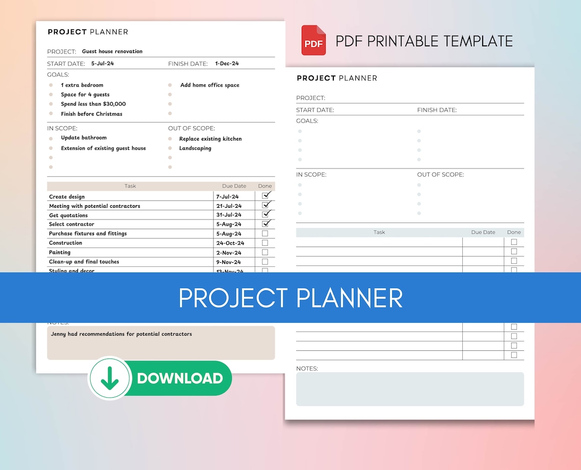 Project Planner Template, Project Management Document PDF Download ...