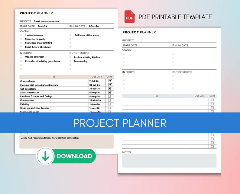 Project Planner Template, Project Management Document PDF Download, Task Tracker, Printable ...