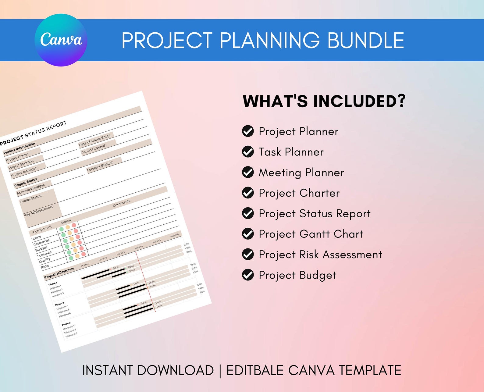Project Planning Template Bundle, 8 X Canva Project Management ...