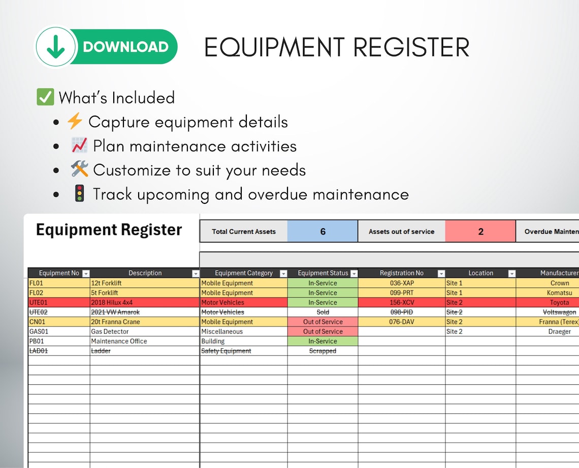 Equipment Register Excel Template: Asset Tracking & Maintenance ...