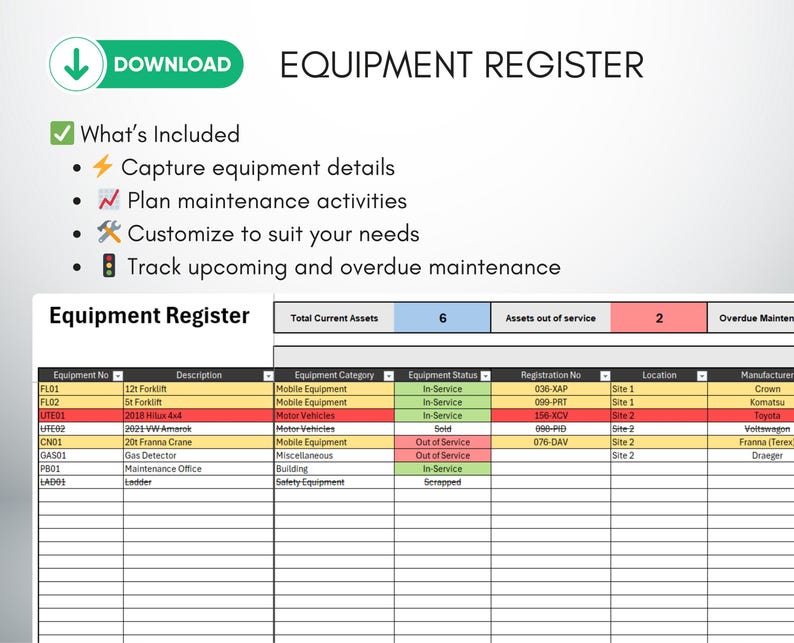 Equipment Register Excel Template: Asset Tracking & Maintenance ...