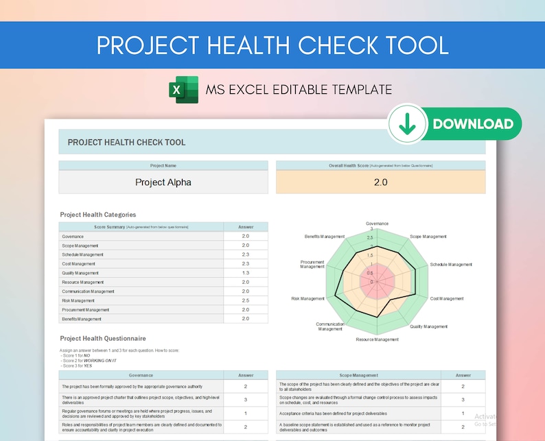 Project Health Check Tool, Project Management Template, Project Status ...