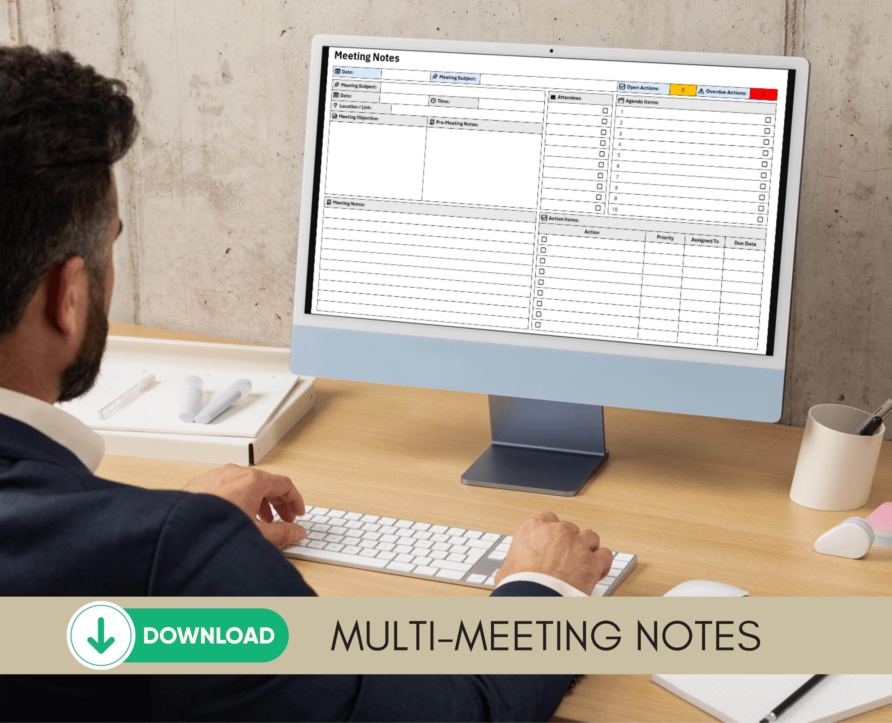 Meeting Agenda & Notes Template | Excel Template | Multi Meeting Action ...