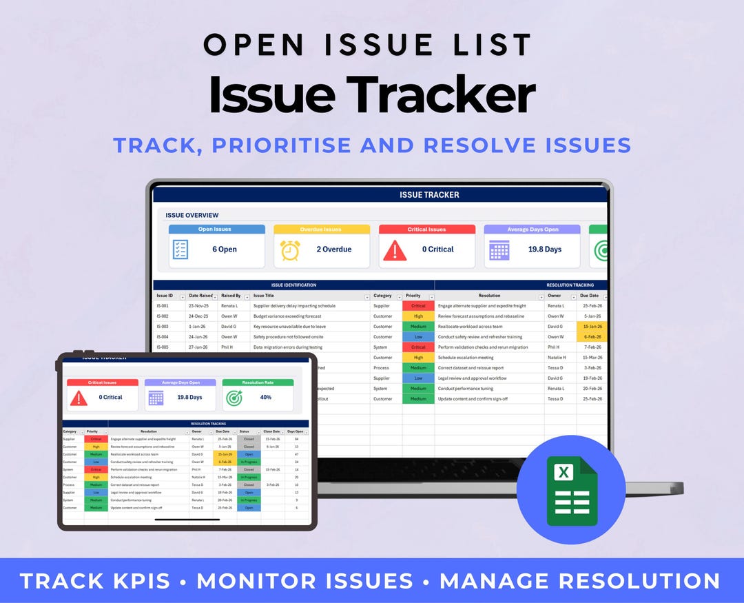 Issue Tracker Excel Template | Project Issue Log & Action Tracker | KPI ...