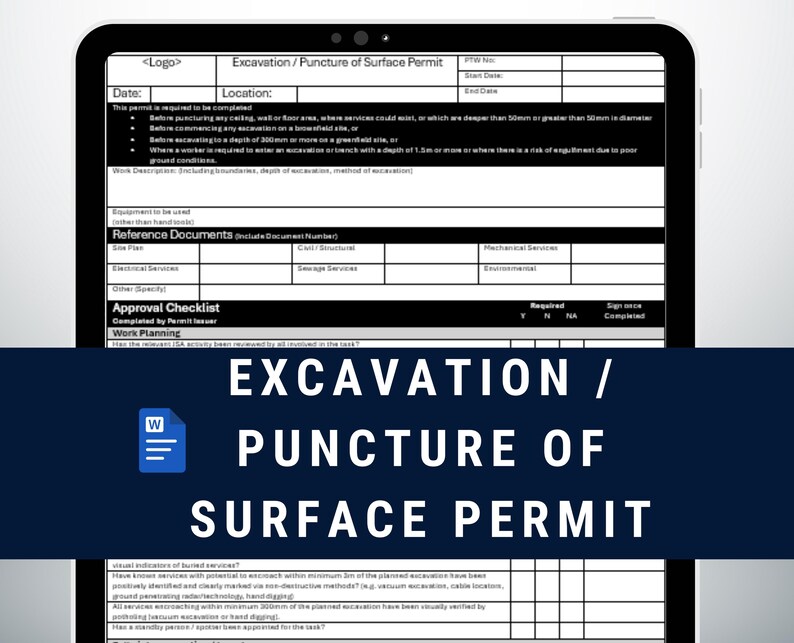 Excavation Permit Template: Workplace Safety, Construction (digital ...