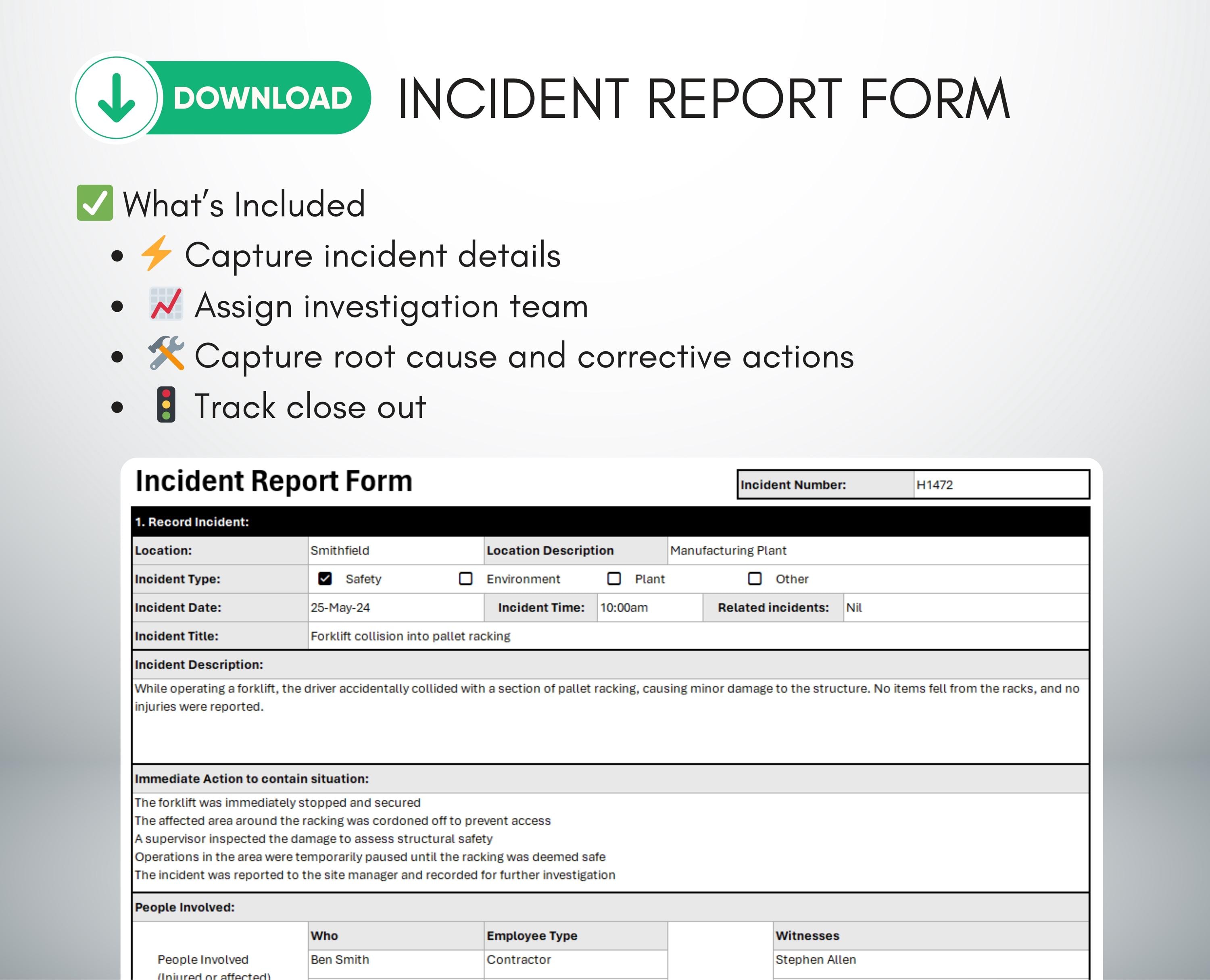 Safety Incident Report Form: Excel Template (digital Download) - Etsy
