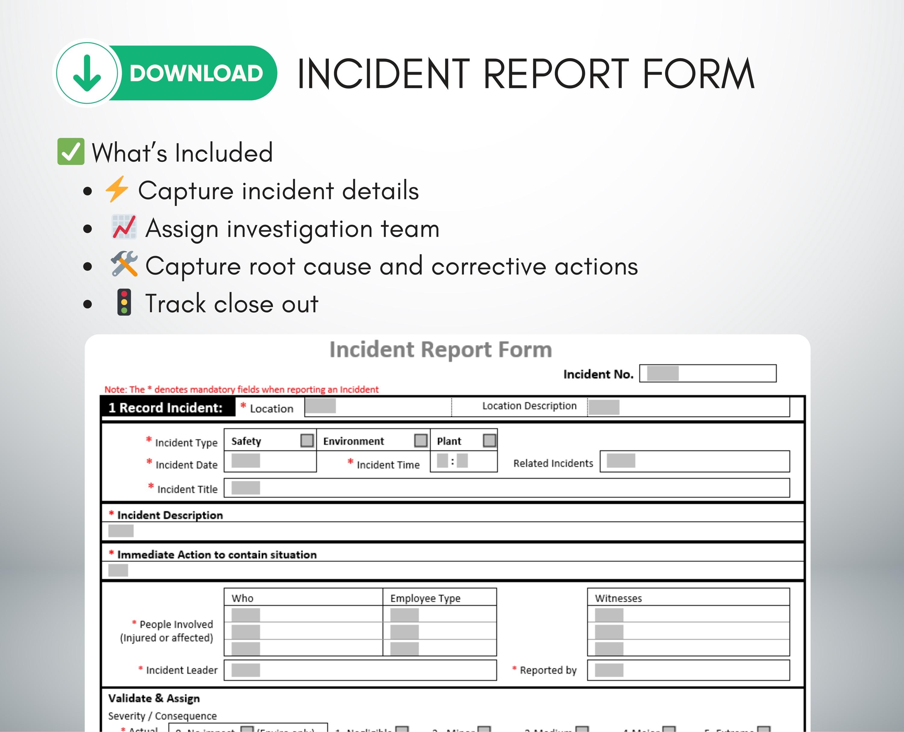 Safety Incident Report | Incident Tracking Form | Corrective Action Log ...