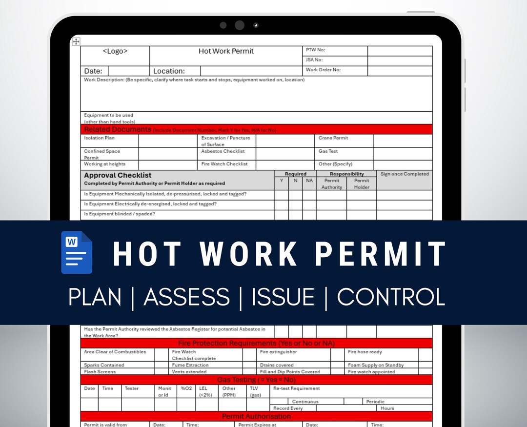 Hot Work Permit Form | Permit to Work | Authority to Work | Permit to ...