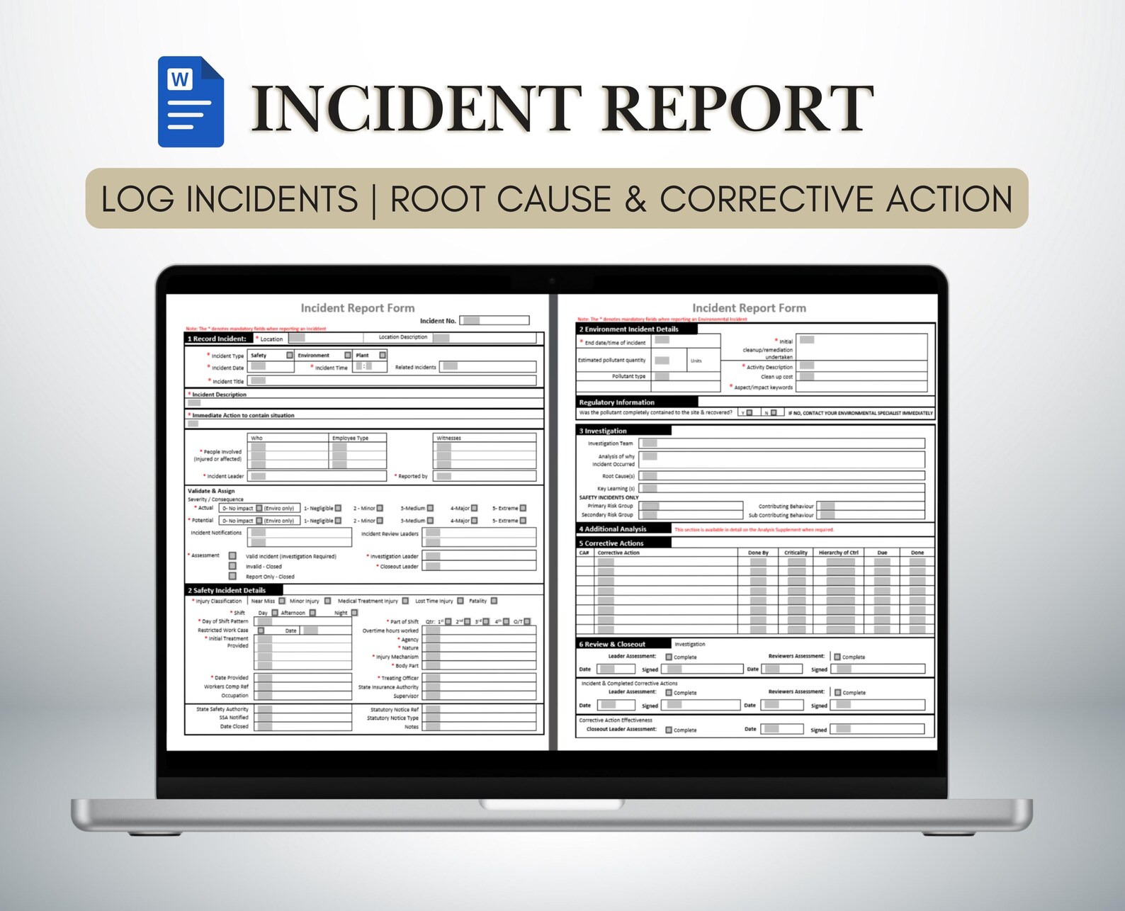 Safety Incident Report | Incident Tracking Form | Corrective Action Log ...