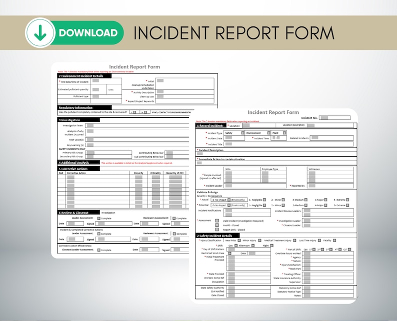 Safety Incident Report | Incident Tracking Form | Corrective Action Log ...