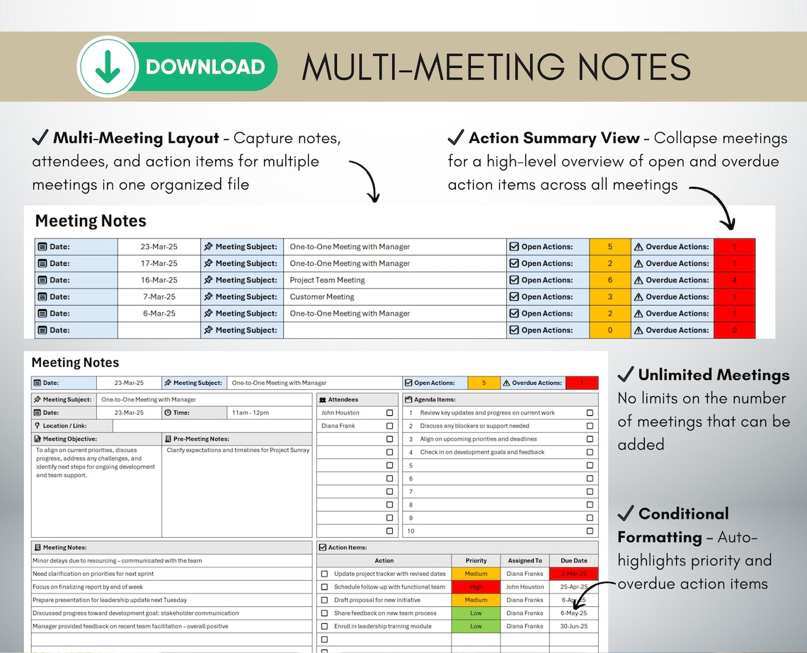 Meeting Agenda & Notes Template | Excel Template | Multi Meeting Action ...