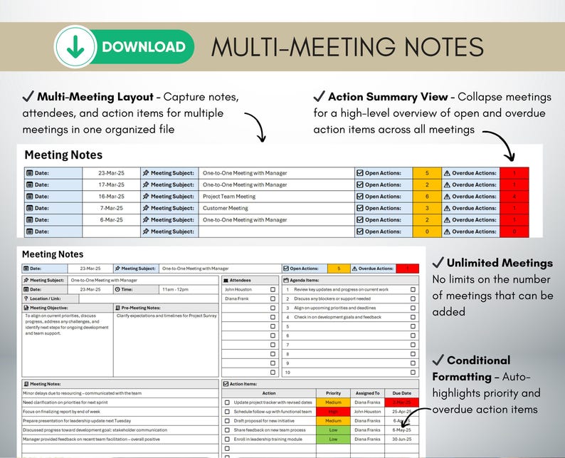 Meeting Agenda & Notes Template | Excel Template | Multi Meeting Action ...