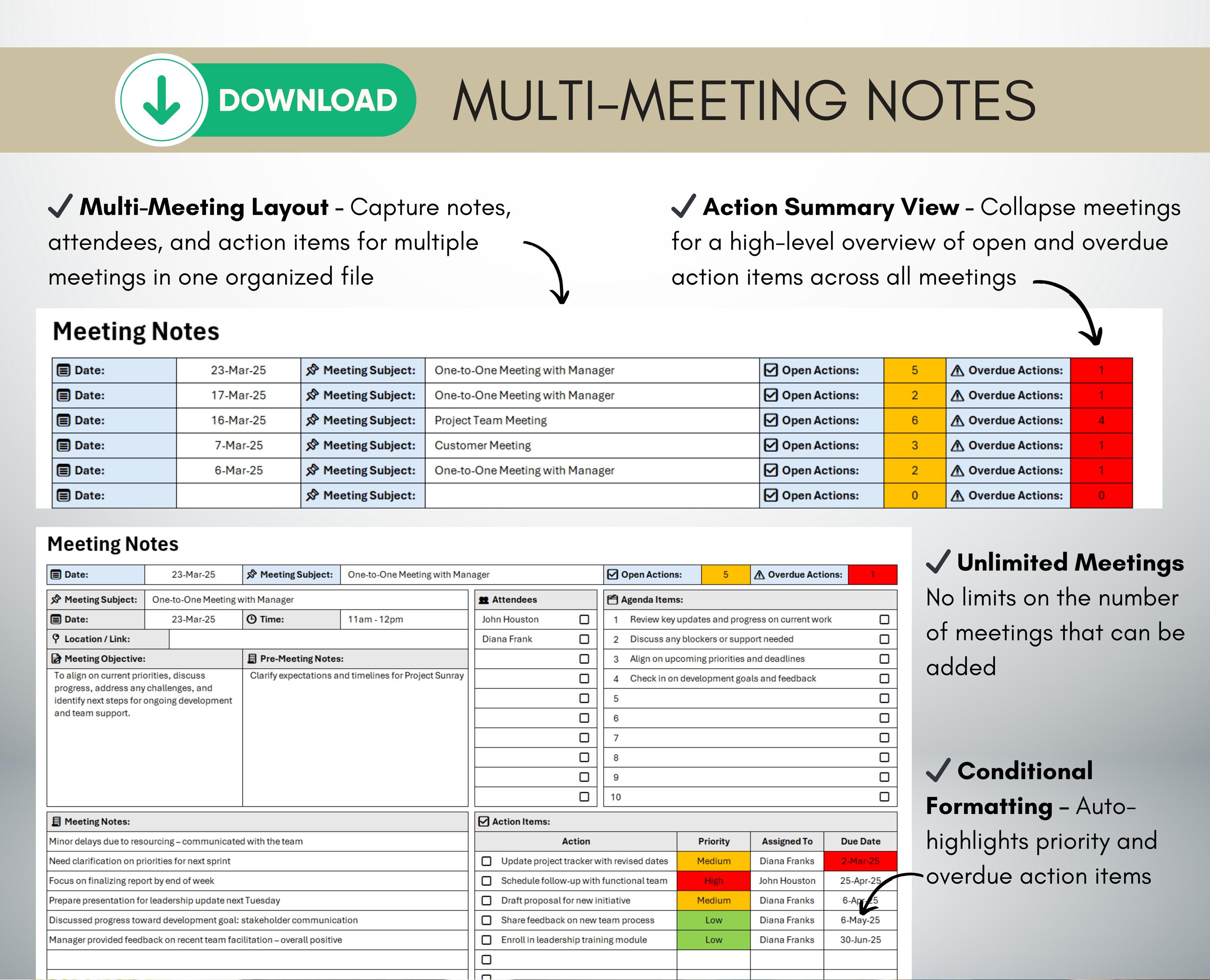 Meeting Agenda & Notes Template | Excel Template | Multi Meeting Action ...