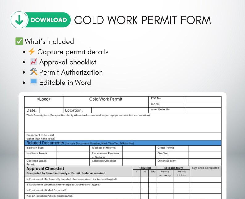 Cold Work Permit Form: Workplace Safety Template (word Document) - Etsy