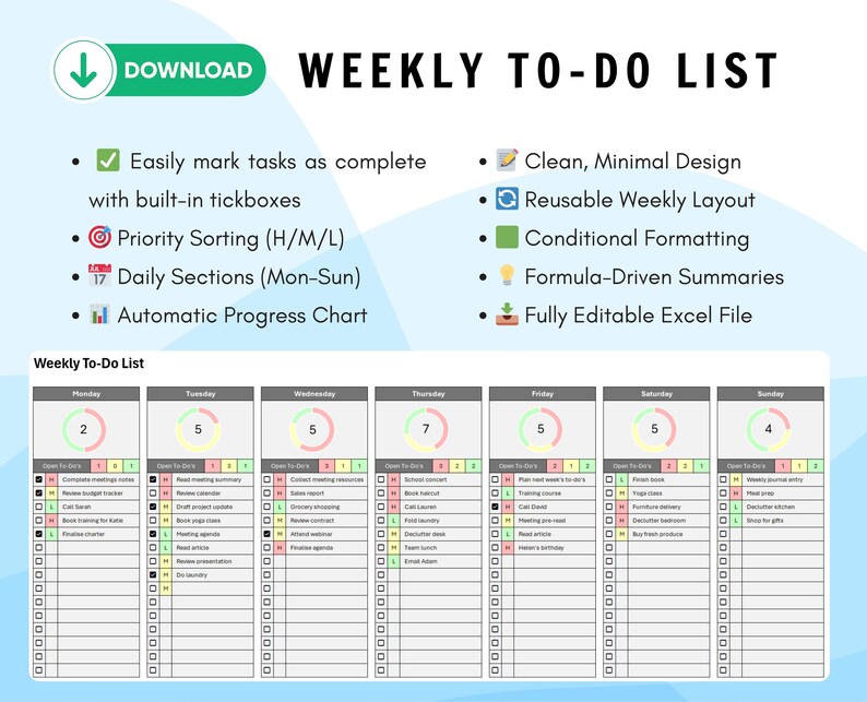 Weekly To-do List Excel Template With Checkboxes, Daily Planner ...